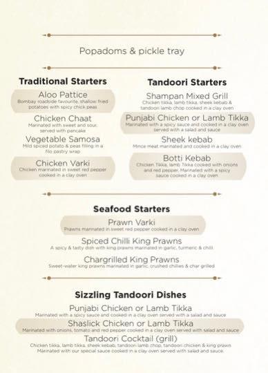 Menu at Shampan Restaurant, Whitley Bay
