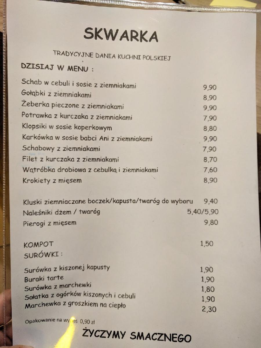 Menu at Skwarka restaurant, Torun