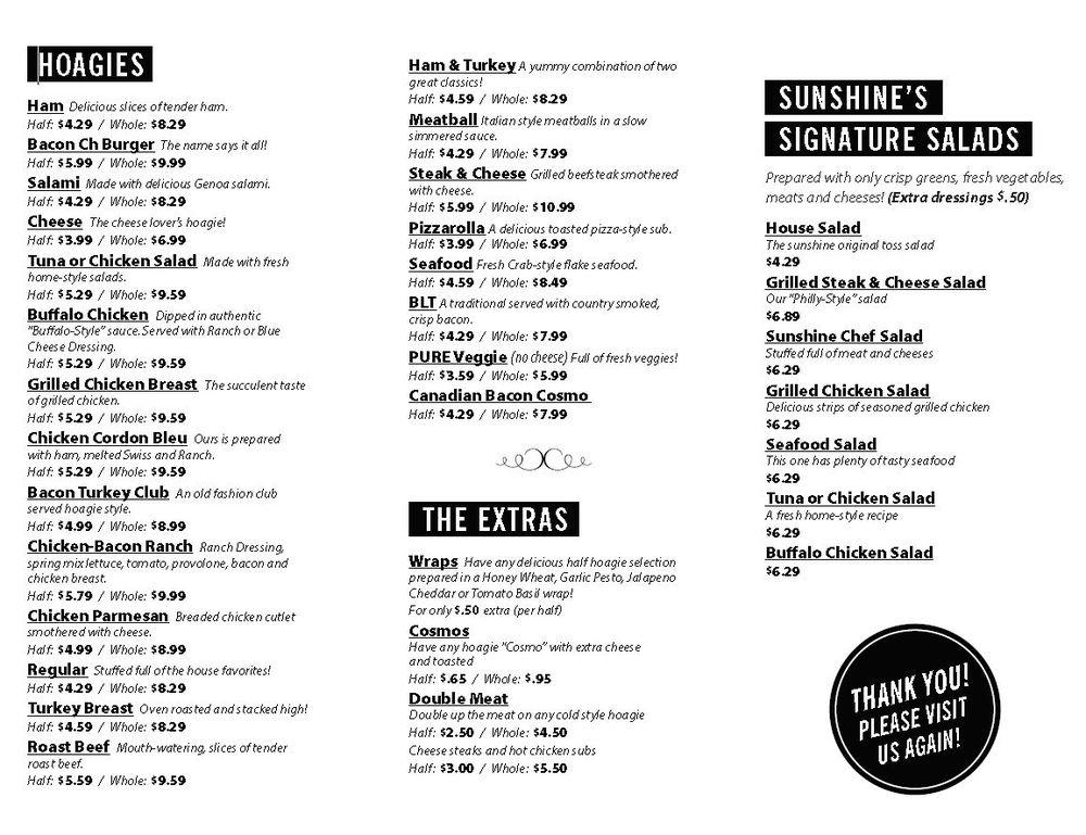 Menu at Sunshine 6-Packs and Subs pub & bar, Montoursville