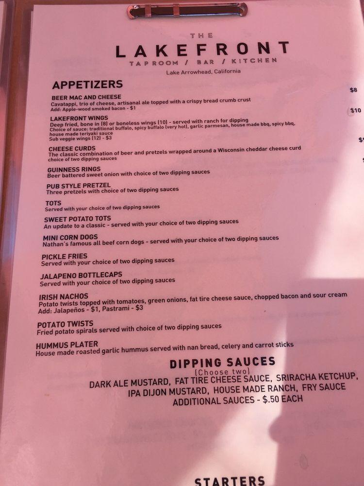 Menu at The Lakefront Tap Room Bar and Kitchen, Lake Arrowhead