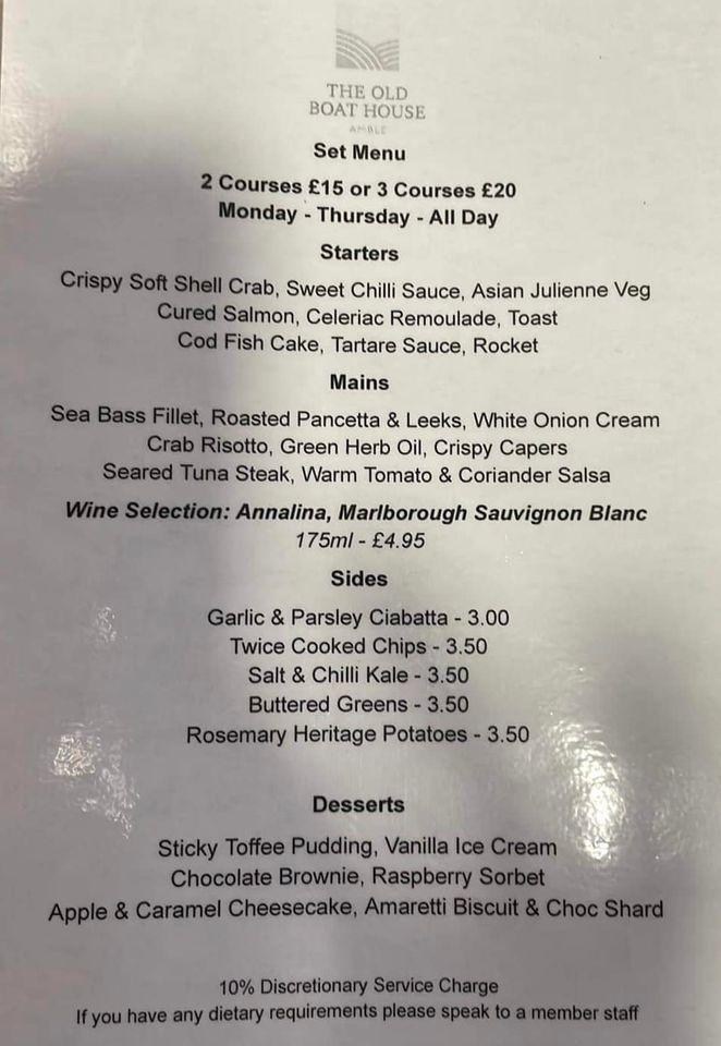 Menu at The Old Boathouse restaurant, Warkworth