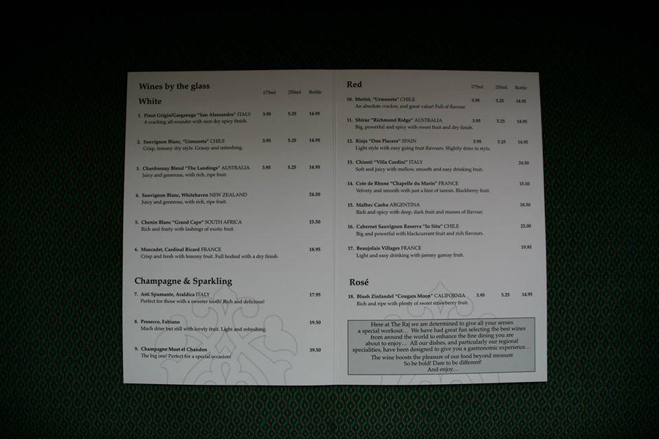 Menu at The Raj restaurant, Loddon