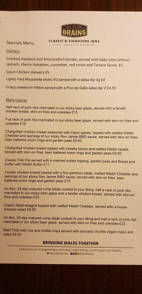 Menu at Thomas Arms Hotel pub & bar, Llanelli