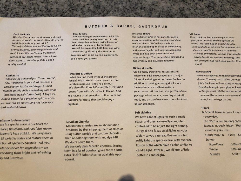 Menu at Butcher & Barrel Gastropub, Racine