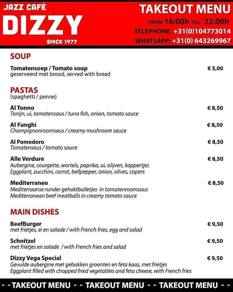 Menu at Jazzcafé Dizzy, Rotterdam