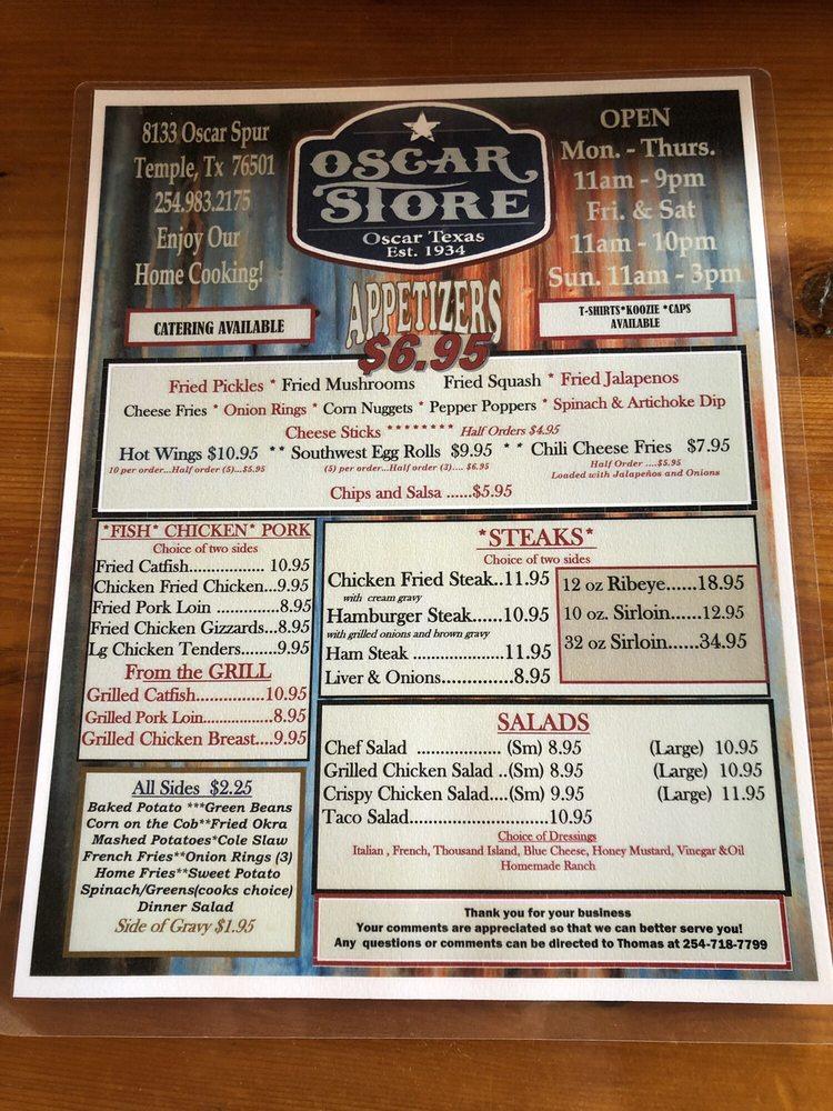 Menu at Oscar Store steakhouse, Temple, Oscar Spur