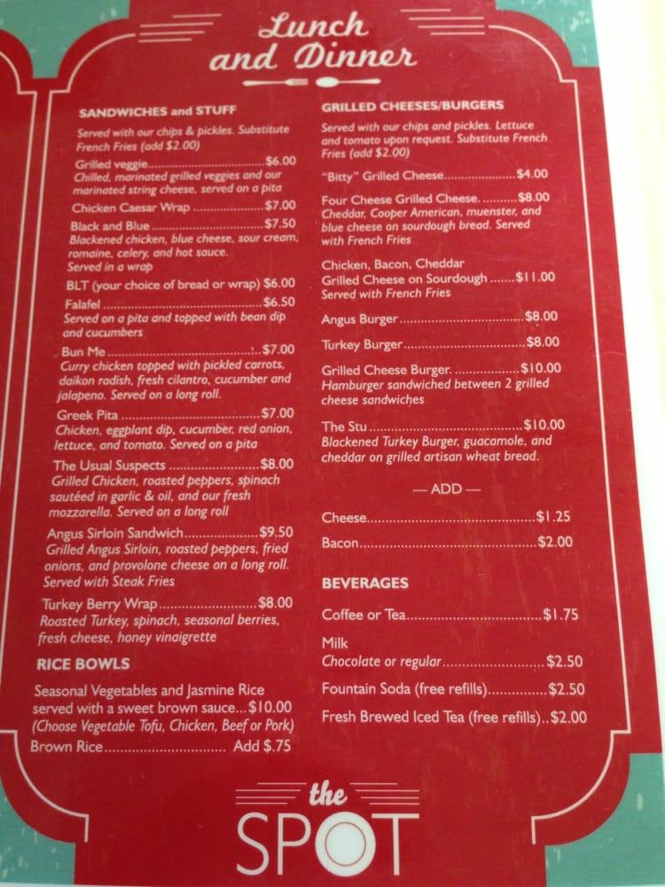 Menu at The Spot restaurant, Northfield