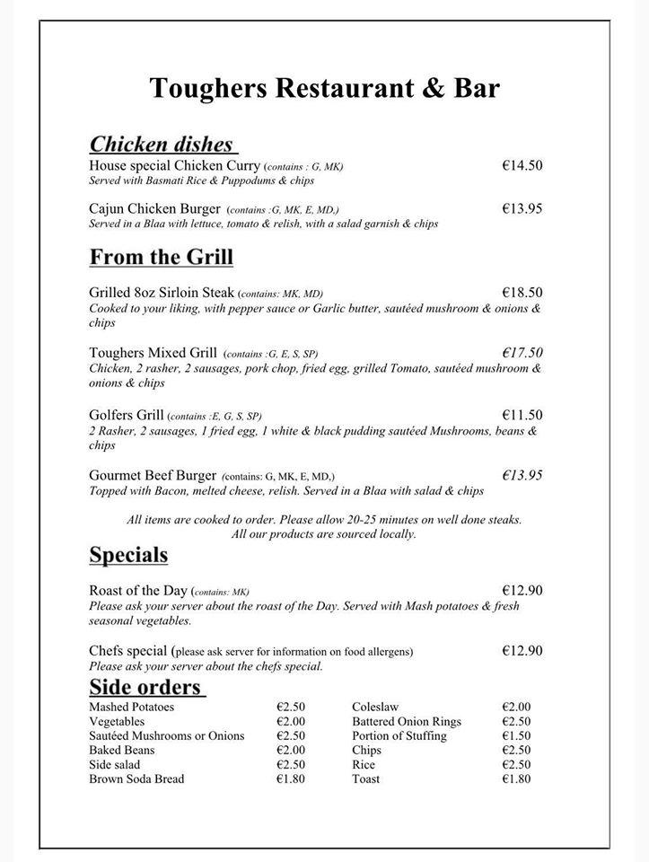 Menu at Tougher's Restaurant Carlow, Carlow