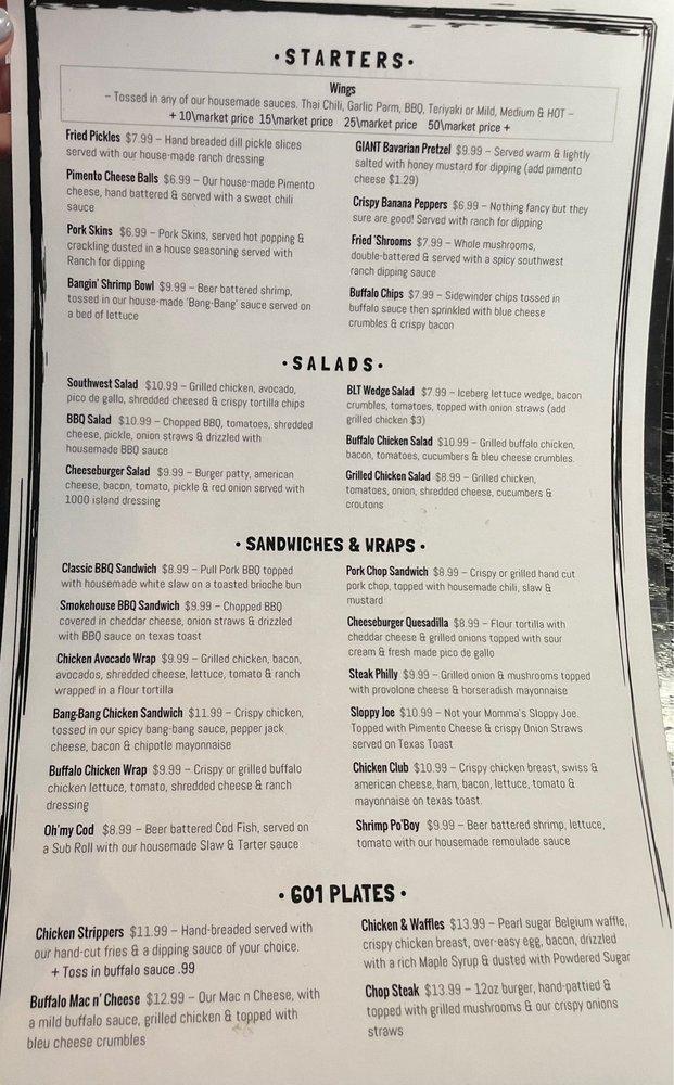 Menu at 601 BURGERS AND BREWS pub & bar, Mocksville