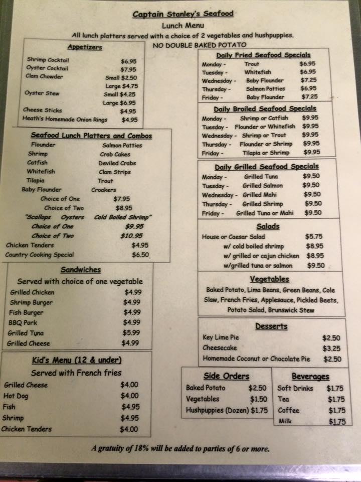 Menu at Captain Stanley's Seafood restaurant, Raleigh, S Wilmington St