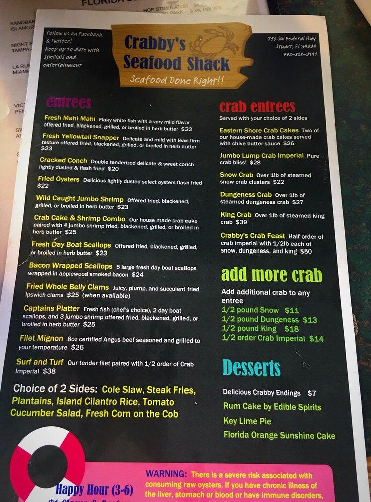 Menu at Crabby's Seafood Shack steakhouse, Stuart