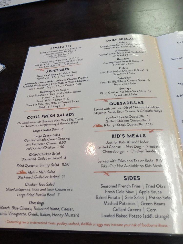 Menu at Foothill Grill restaurant, Dahlonega