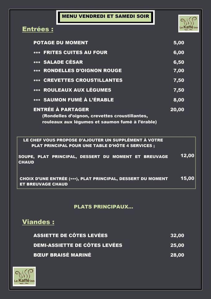 Menu au Le Kaffé Inn restaurant, Plessisville, Rue St Calixte