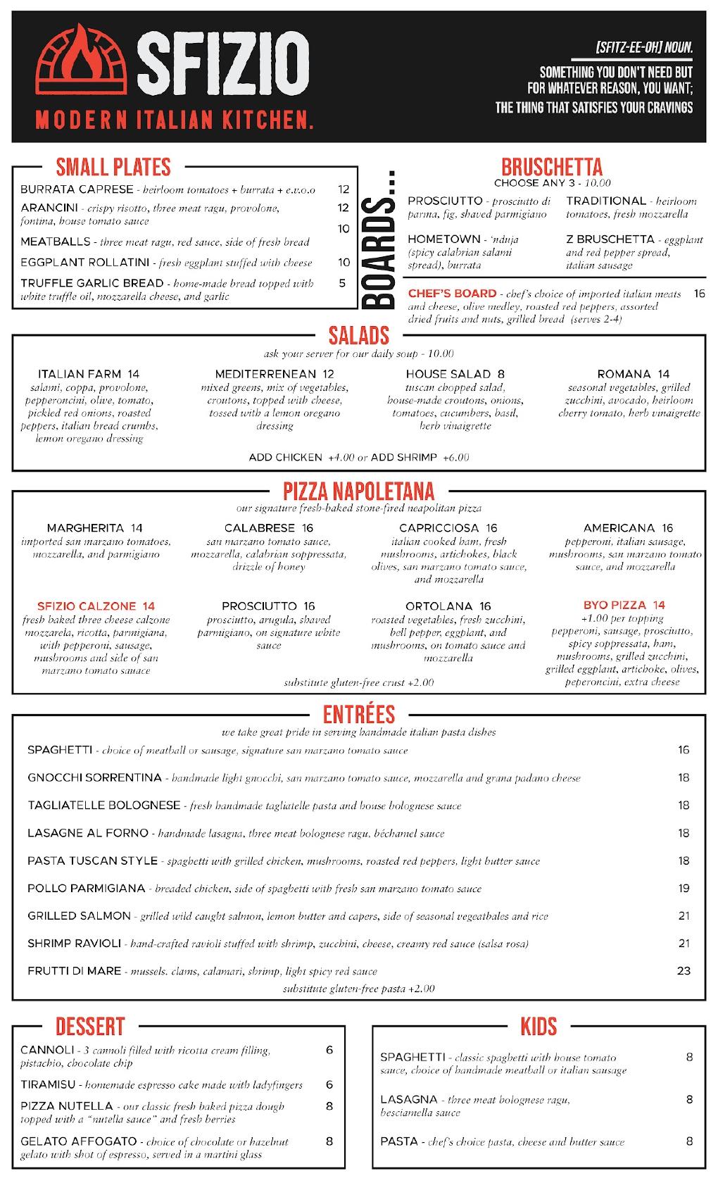 Menu at SFIZIO Modern Italian Kitchen pub & bar, Phoenix