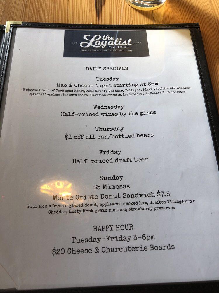 Menu at The Loyalist Market restaurant, Matthews