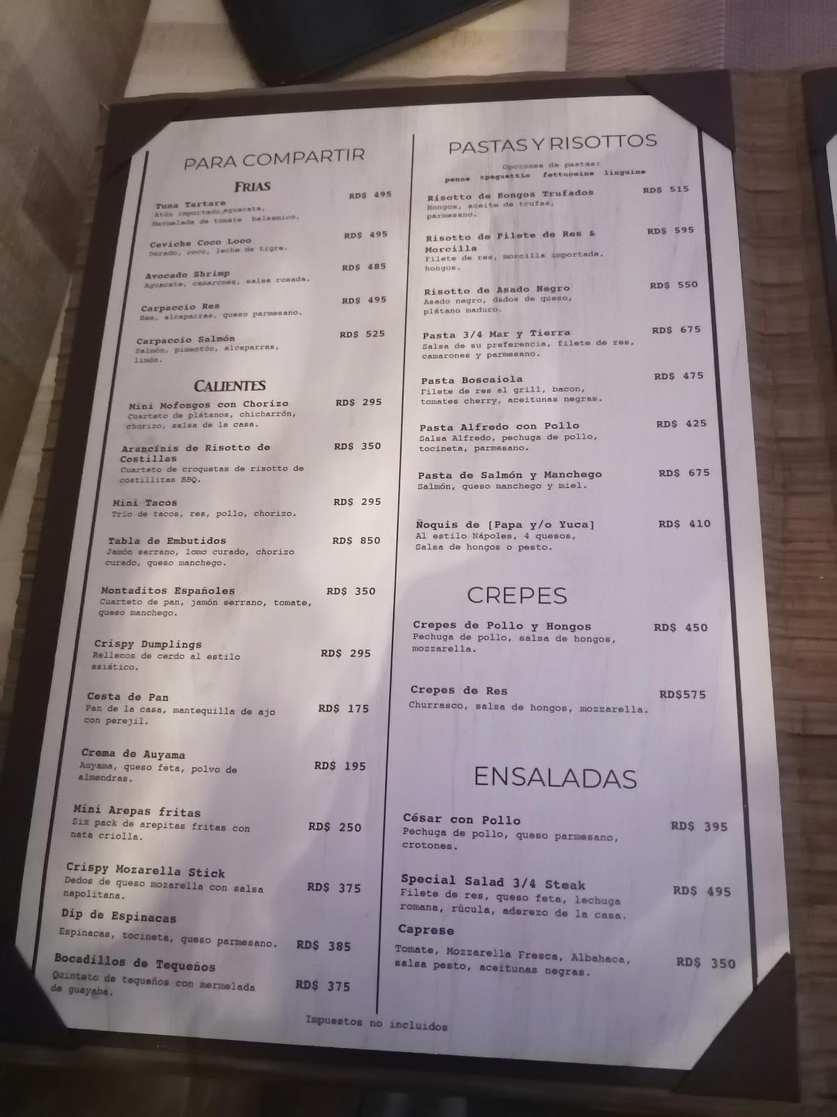 Carta de 3/4 Steak Bar and Lounge, Santo Domingo