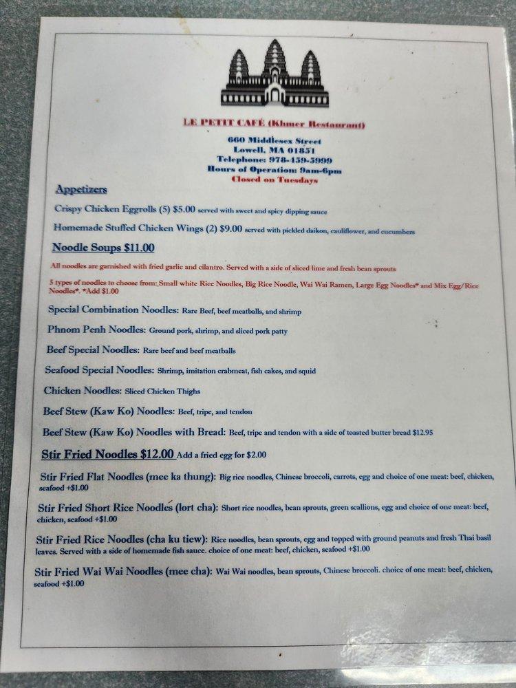 Menu at Le Petit Cafe, Lowell