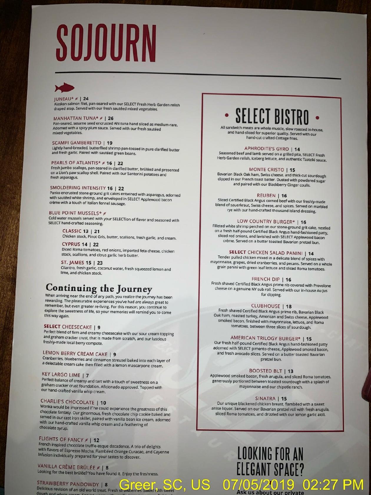 Menu at SELECT Restaurant - Greer, Greer