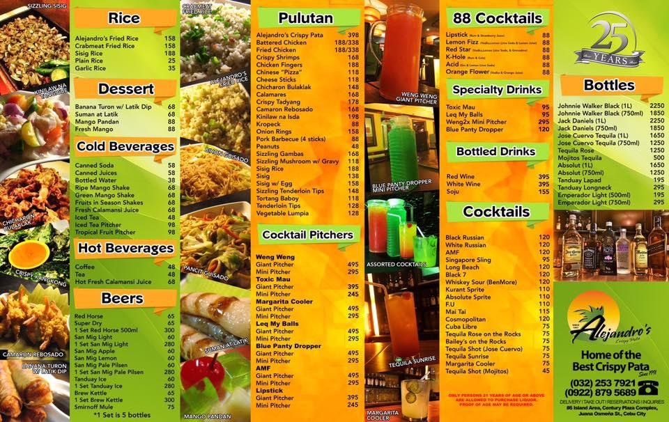 Menu at Alejandro's Crispy Pata pub & bar, Cebu City, Century Plaza Cebu