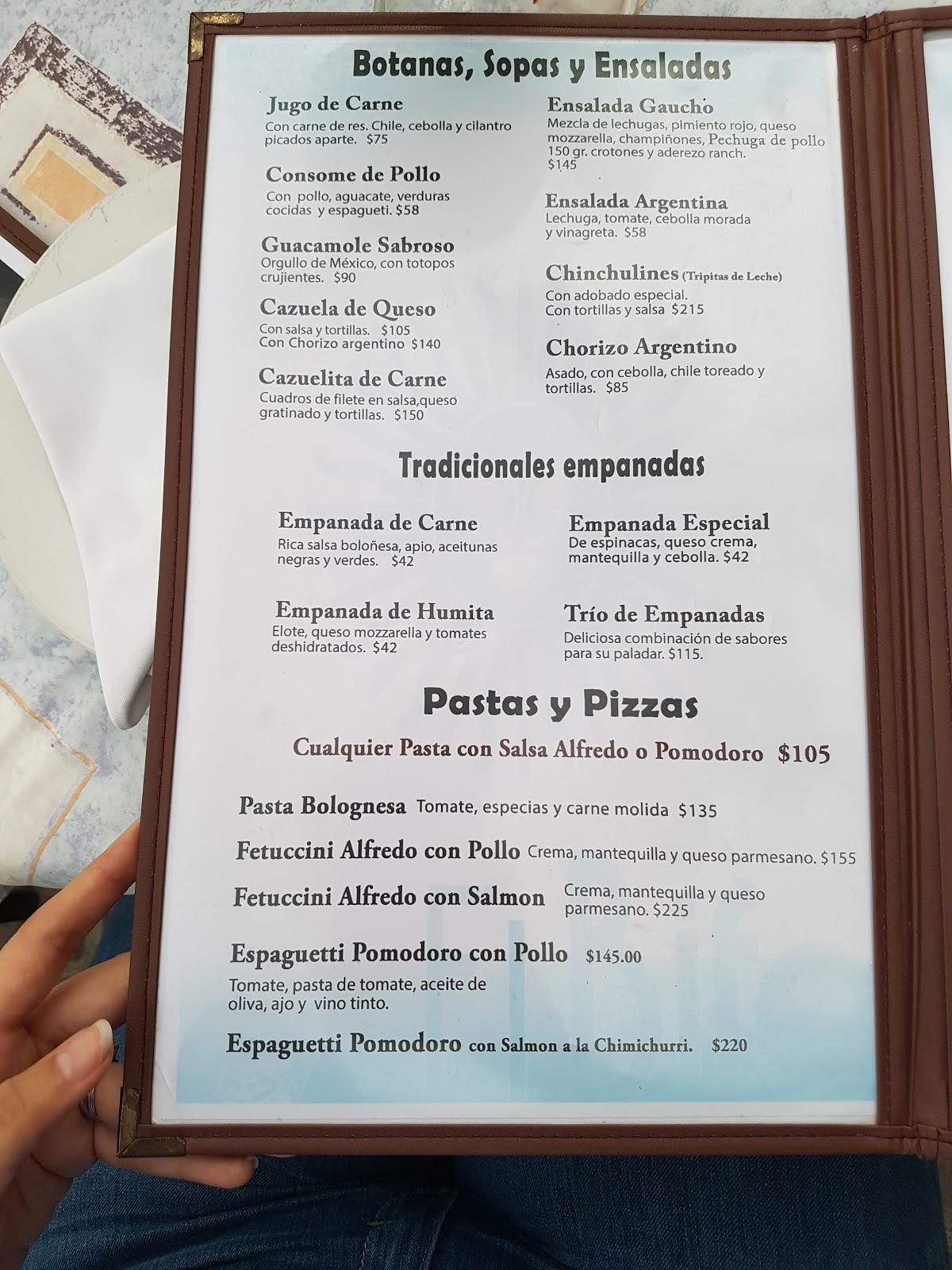 Menu at El Bife Parrilla Argentina, Mazatlán