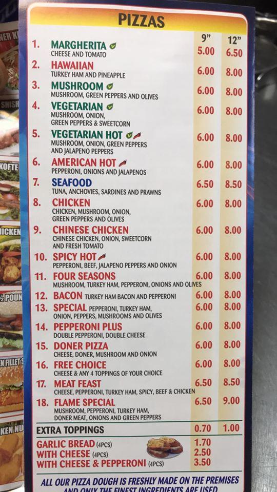 Carta de comida rápida FLAME KEBAB AND PIZZA, West Byfleet