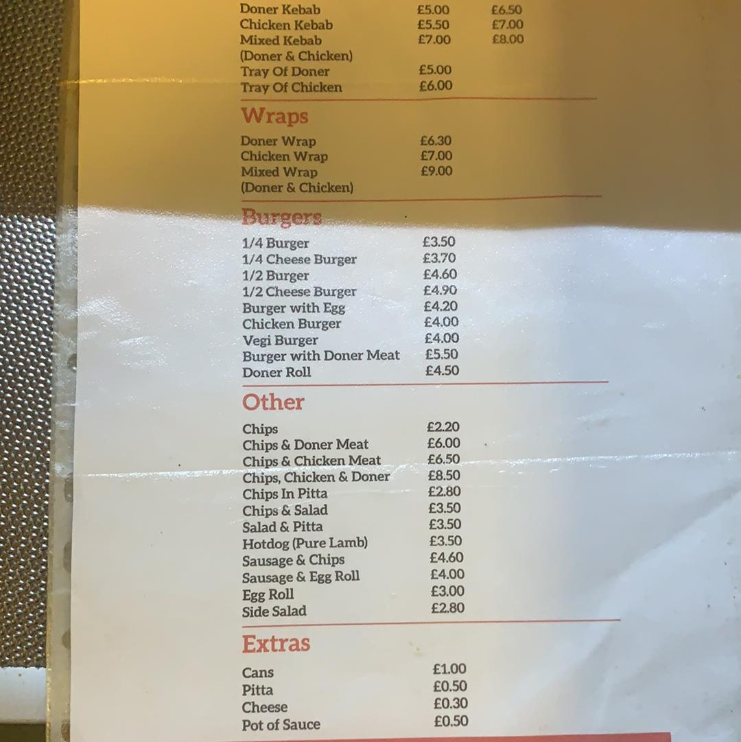 Menu at Kebab van, Cranfield