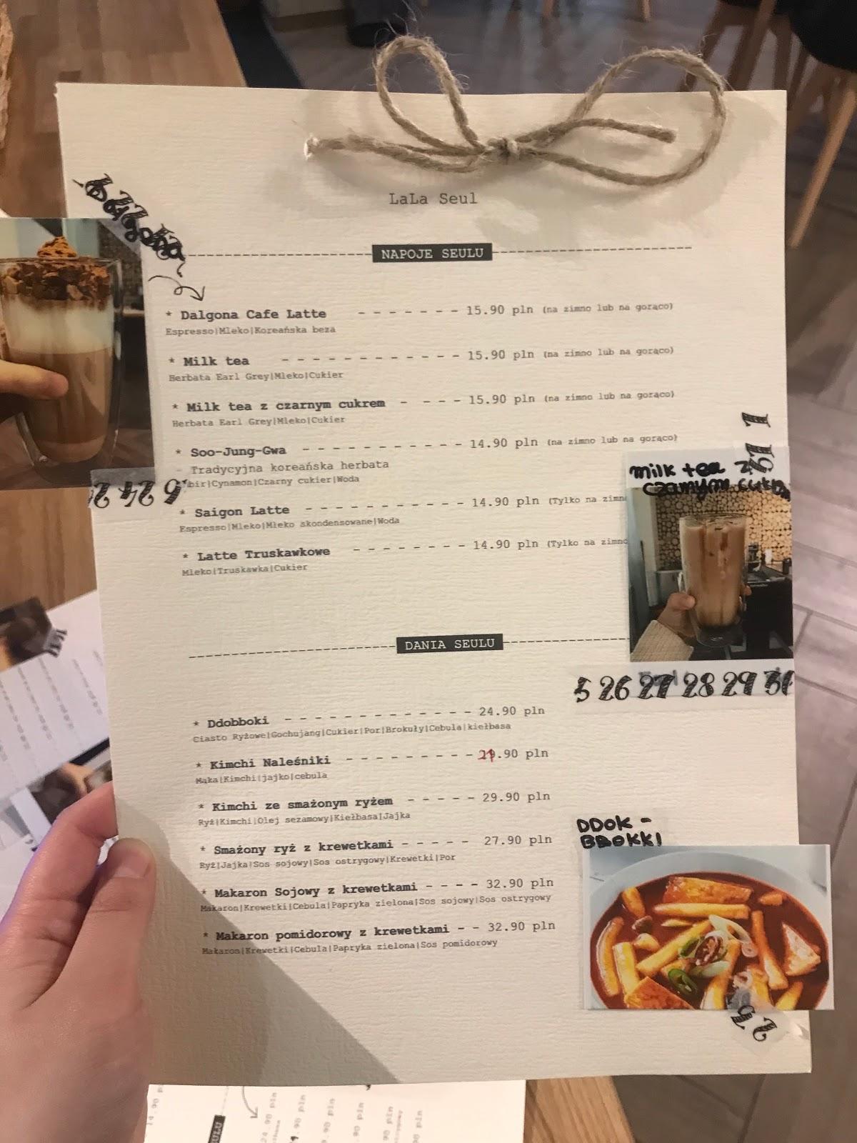 Menu at LaLa Seul restaurant, Katowice