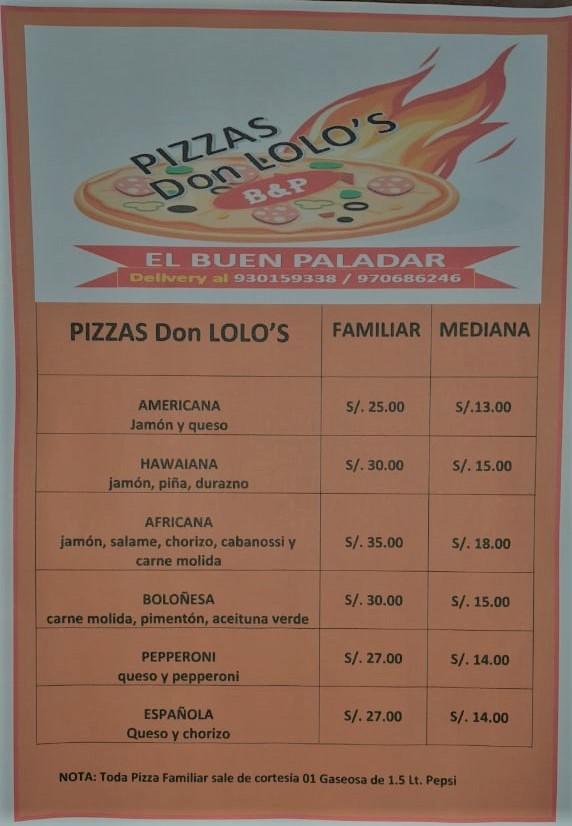 Carta de Pizzería-Broaster Don Lolo's B&P - El buen paladar, San Juan ...