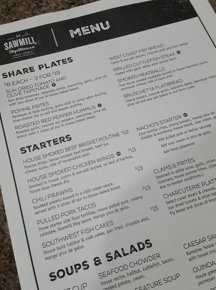Menu at Sawmill pub & bar, Chemainus