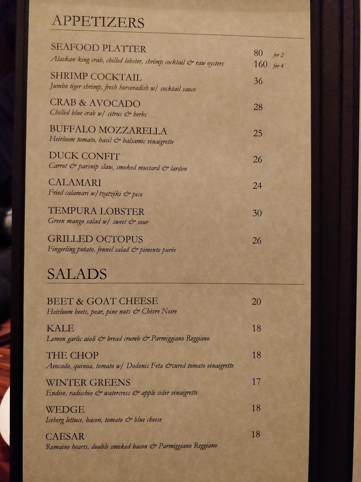 Menu at The Chairman’s Suite restaurant, Toronto