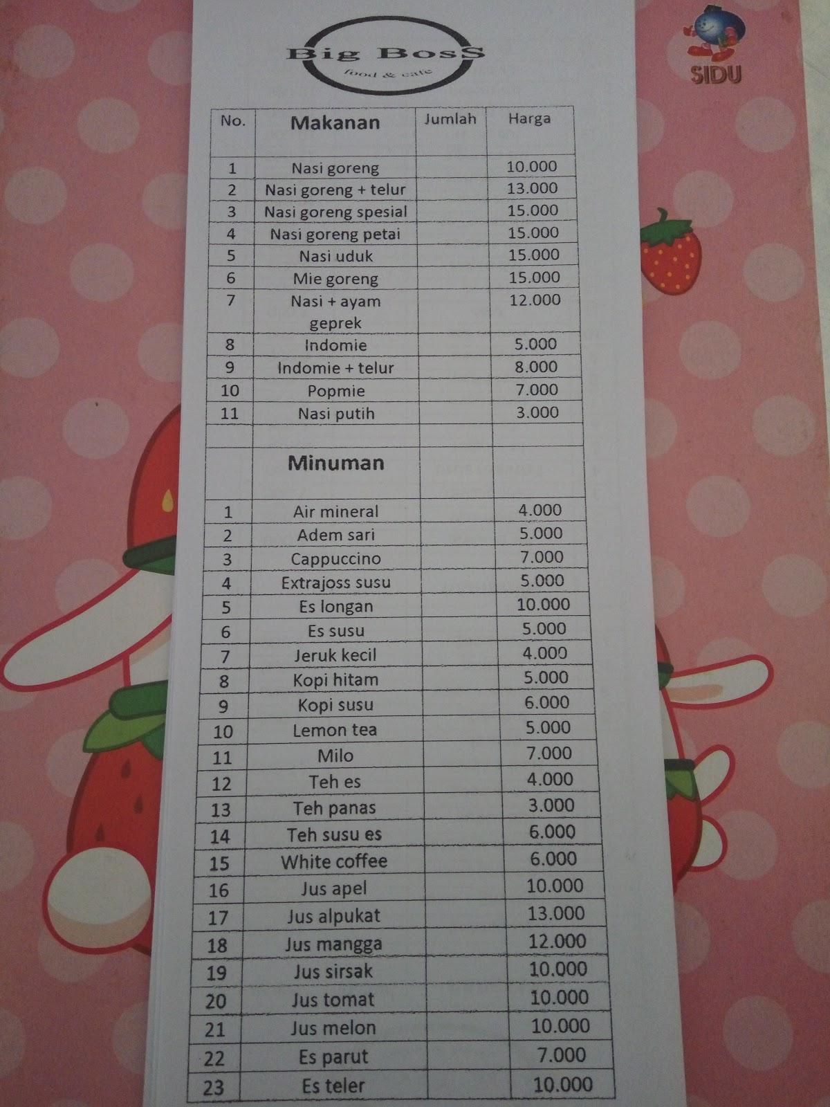 Menu at Big Boss cafe, Raya River