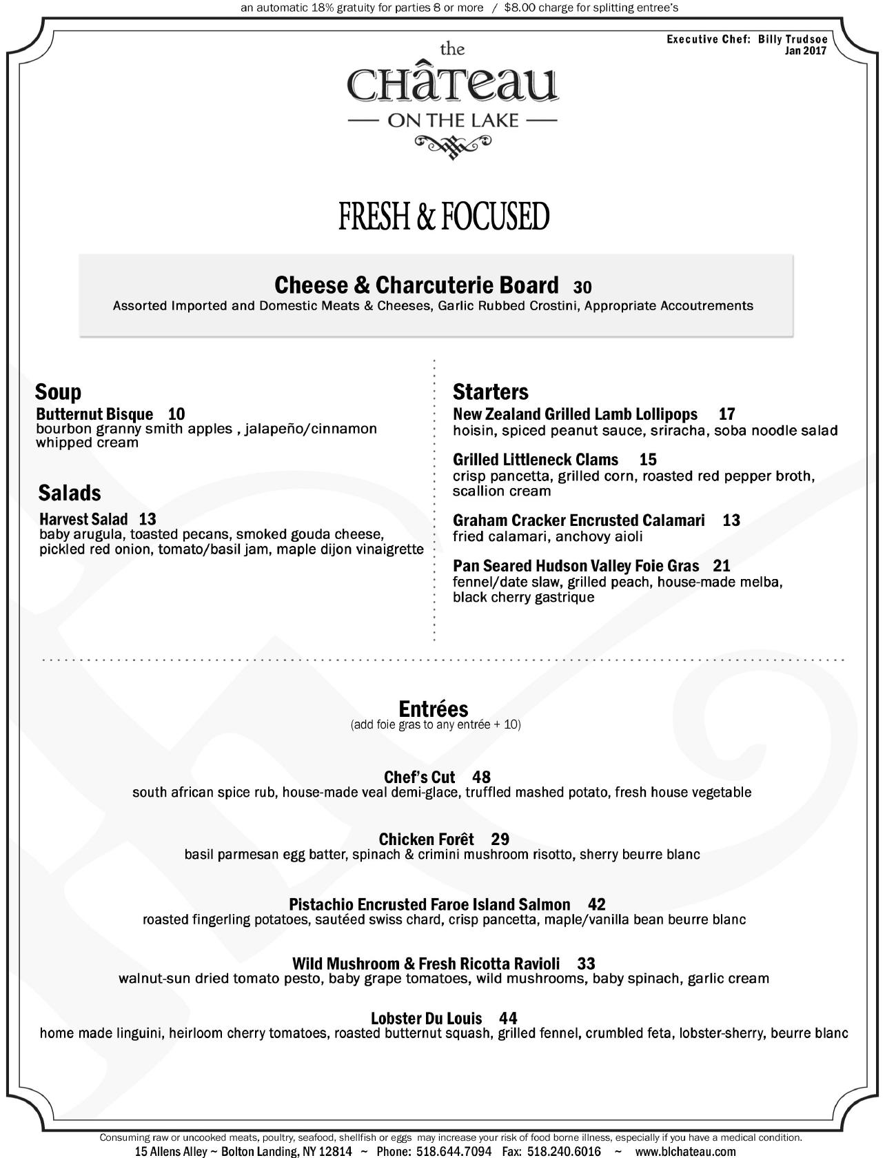 Menu at The Chateau On The Lake restaurant, Bolton