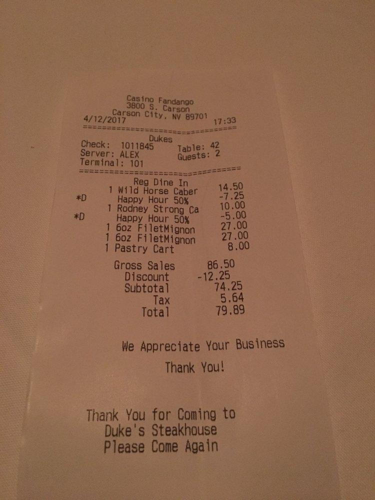 Menu at Duke's Steakhouse, Carson City