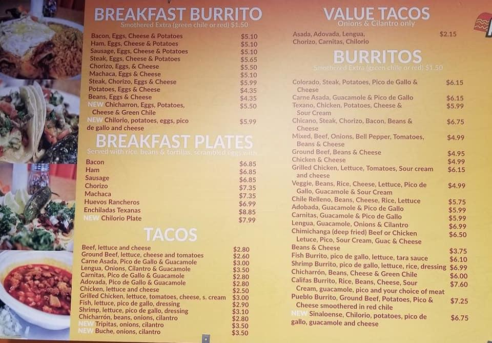 Menu at Habaneros' Mexican Grill restaurant, Trinidad