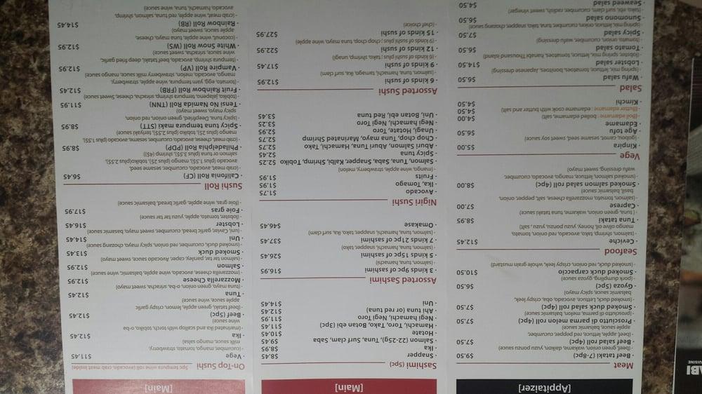 Menu at Hanabi restaurant, Fort Saskatchewan