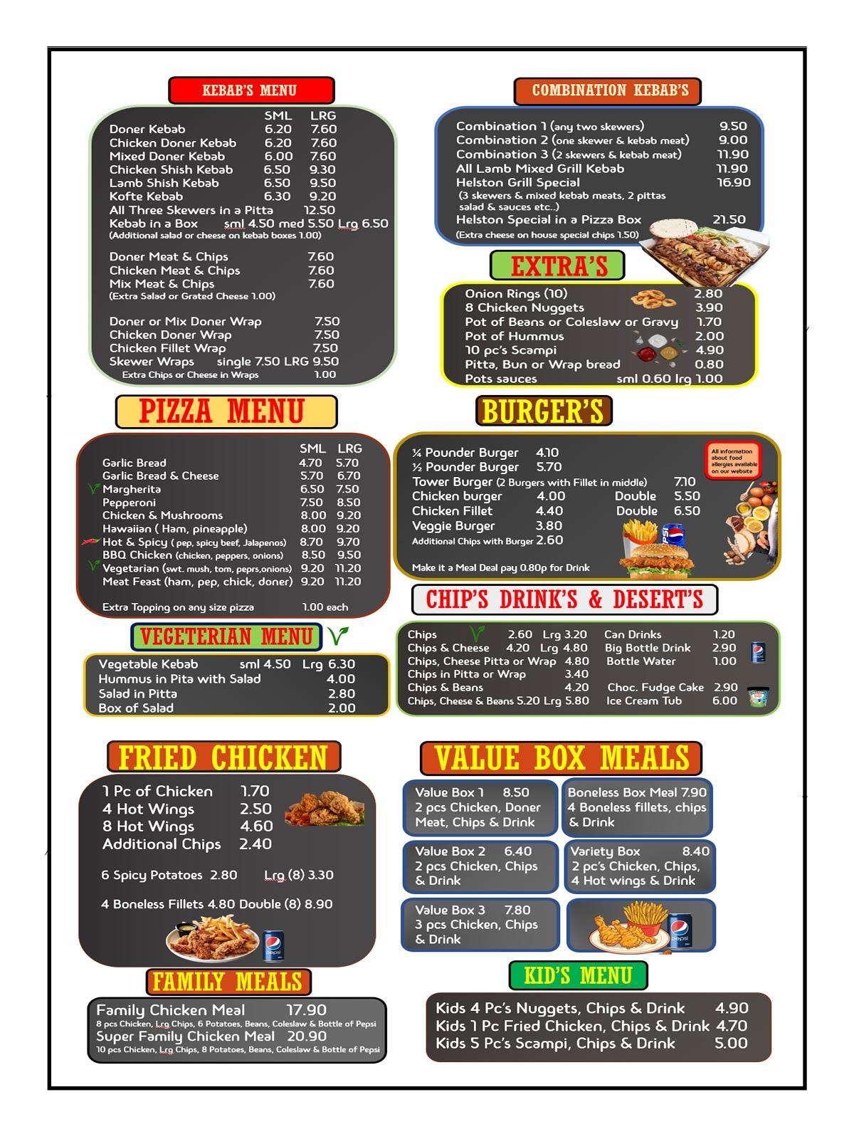 Menu at Helston Grill fast food, Helston, 35 Coinagehall St