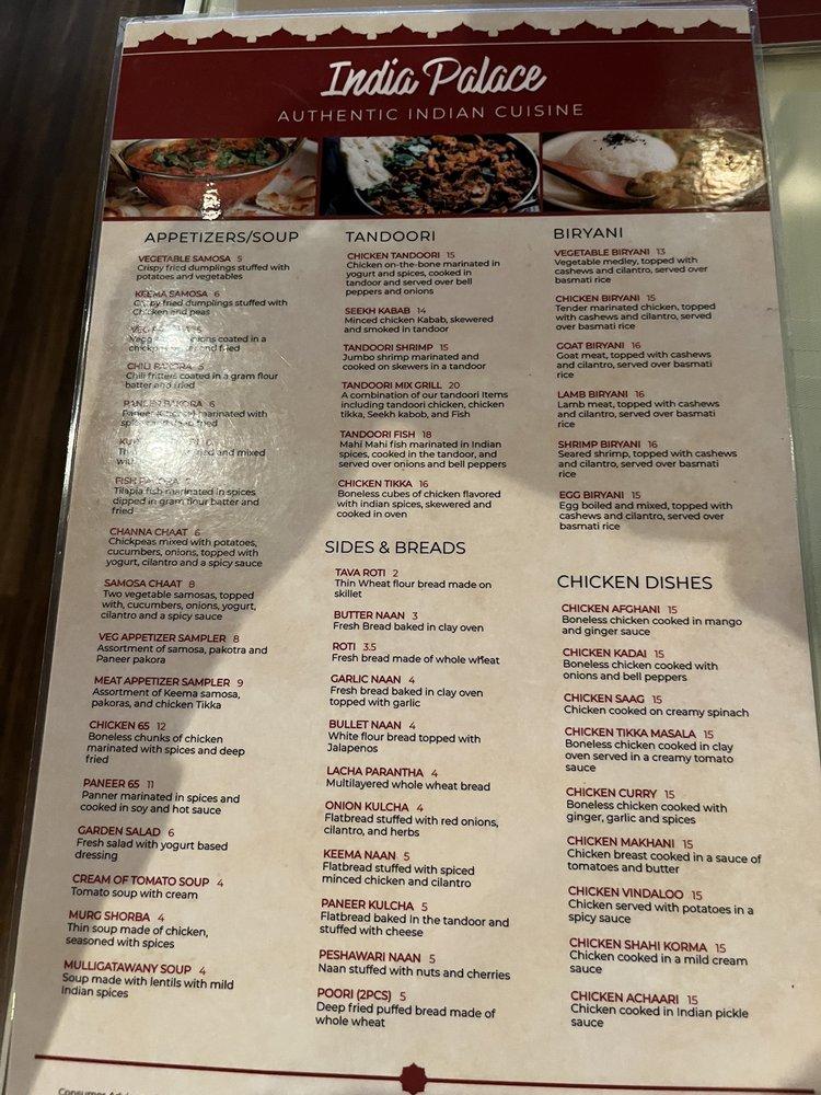 Menu at India Palace restaurant, Montgomery, Vaughn Plaza Rd
