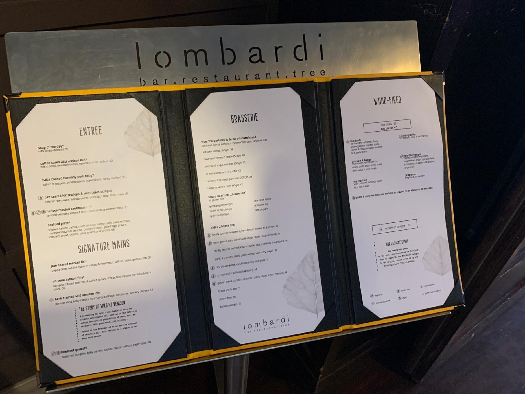 Menu at Lombardi Restaurant, Queenstown