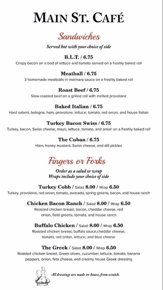 Menu at Main Street Cafe, Claysville