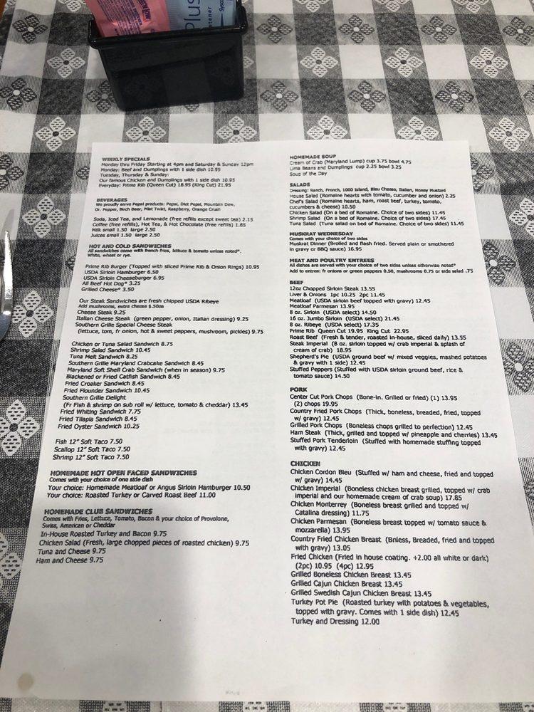 Menu at Southern Grille restaurant, Ellendale
