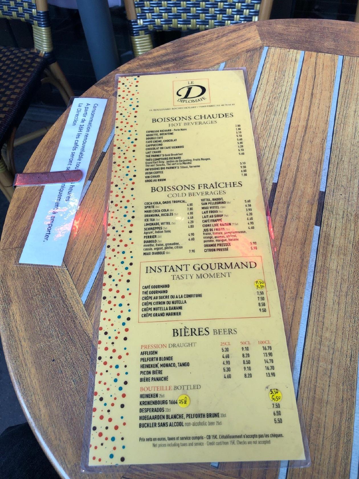 Menu at Le Diplomate restaurant, Paris, 19 boulevard de Rochechouart