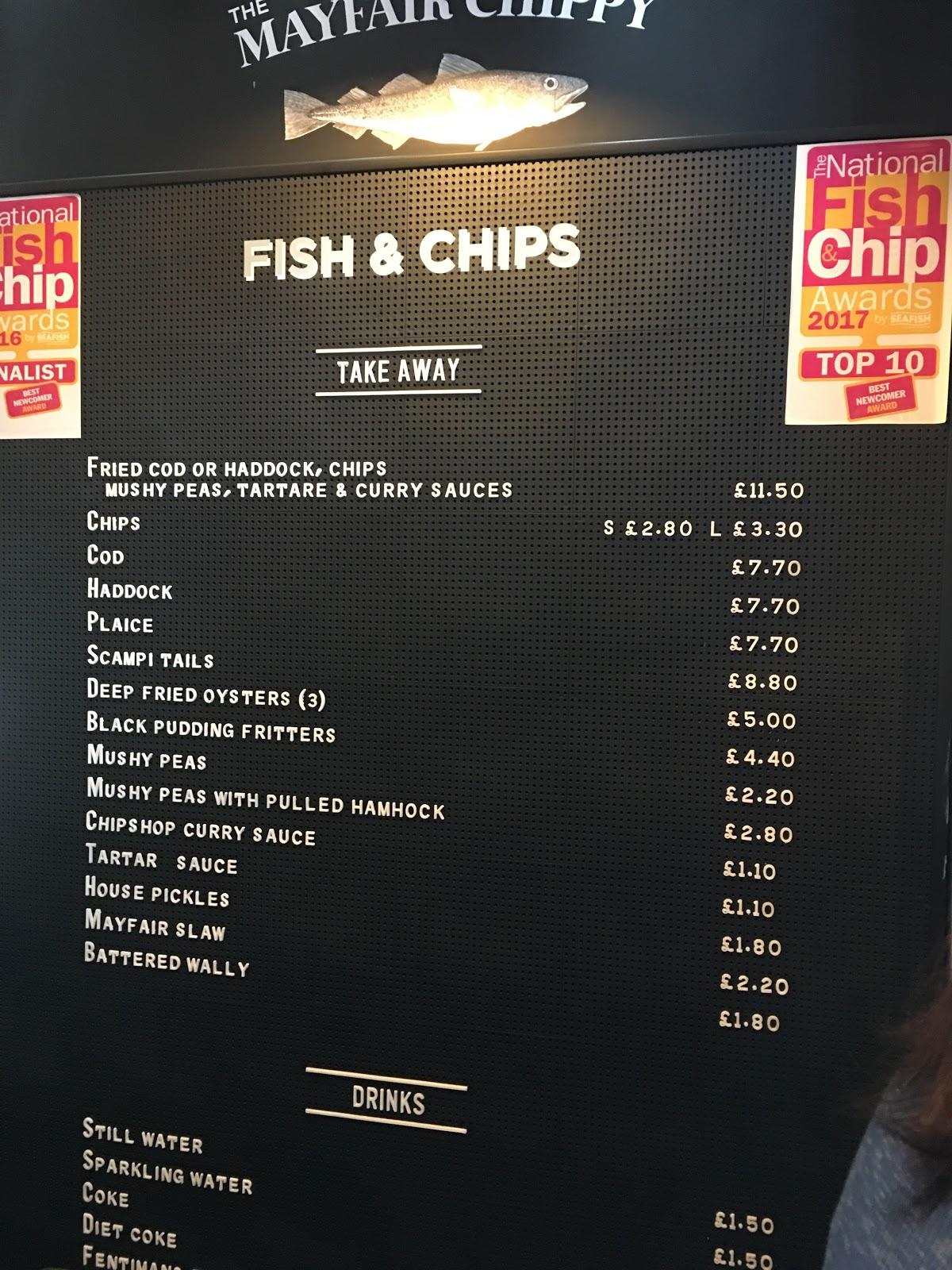 Menu at The Mayfair Chippy restaurant, London, 14 N Audley St
