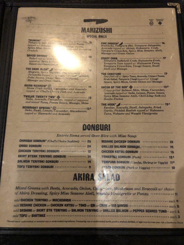 Menu at Akira Aptos restaurant, Aptos