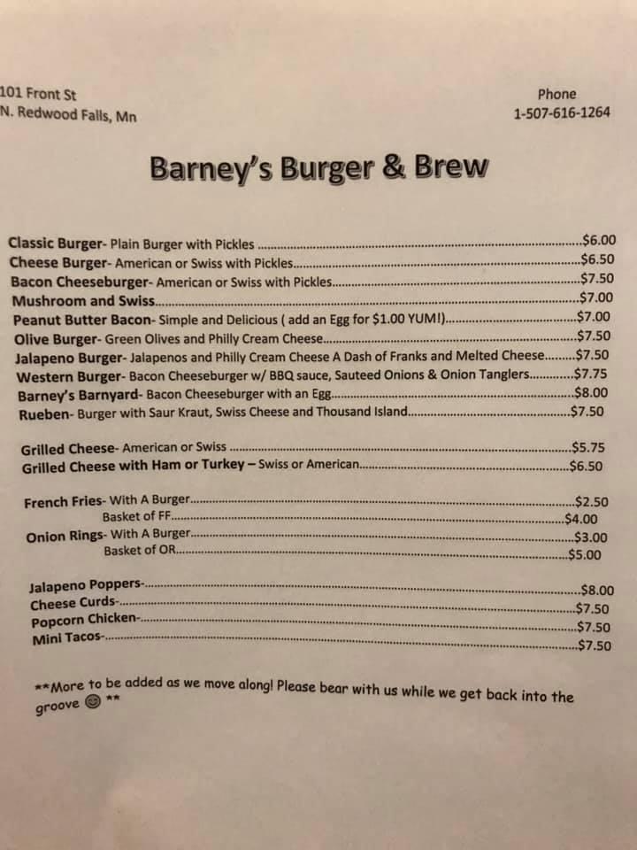 Menu at Barney's Burger & Brew, Redwood Falls