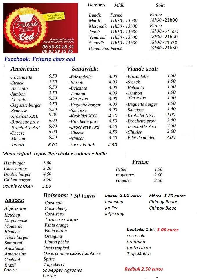 Menu at Friterie Chez Ced restaurant, Maubert-Fontaine