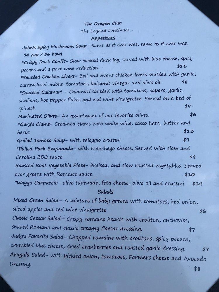 Menu at The Oregon Club, Ashland
