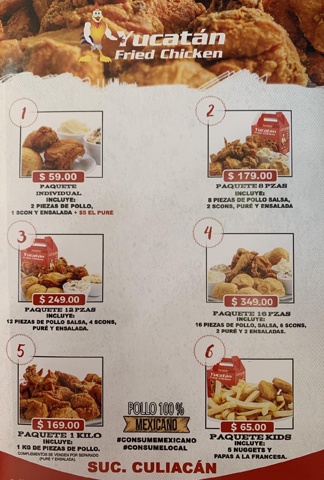 Menu at Yucatan fried chicken restaurant, Culiacán