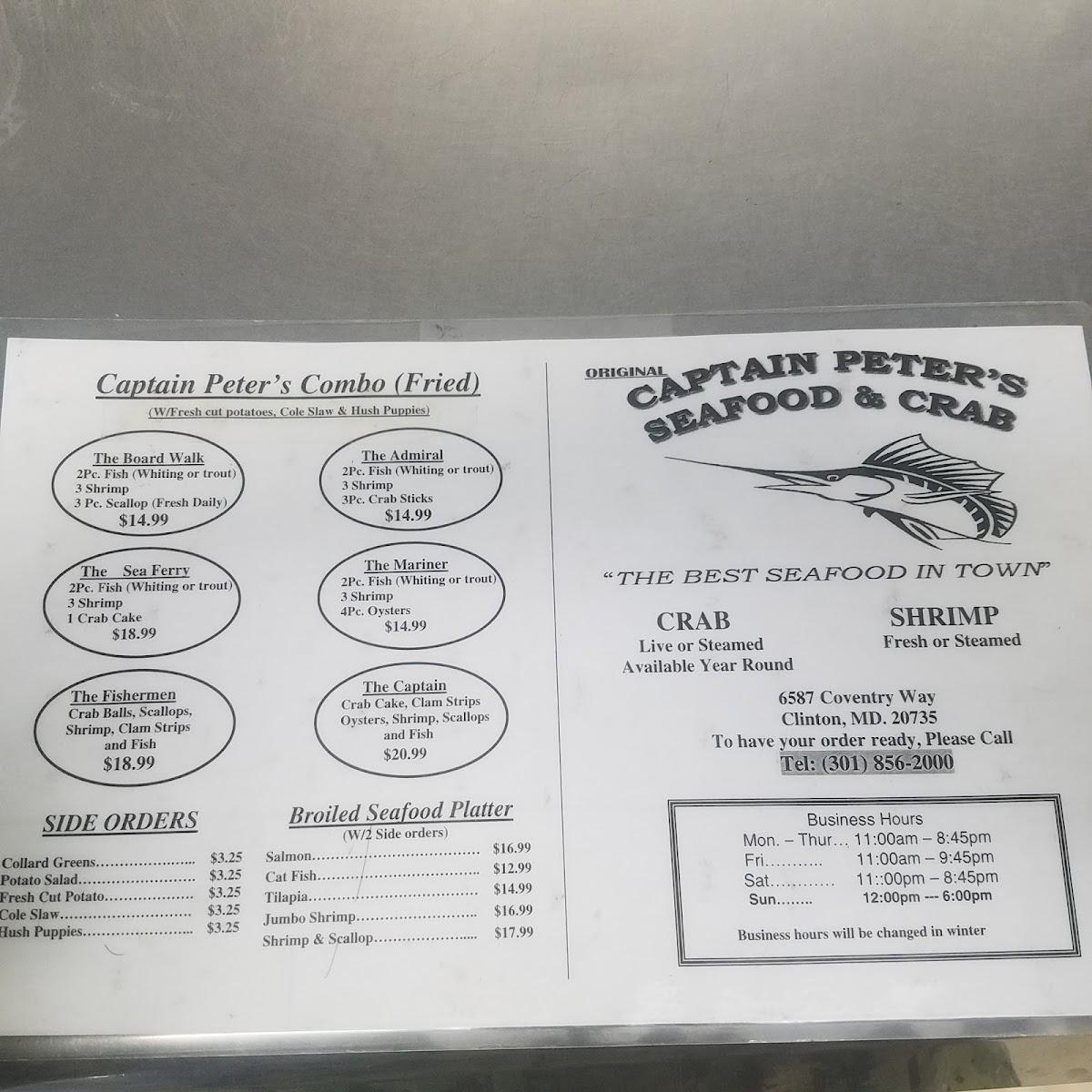 Menu at Captain Peter's Seafood restaurant, Clinton