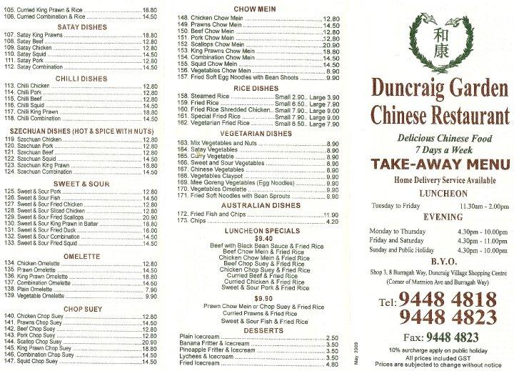 Menu at Duncraig Garden Chinese Restaurant, Duncraig