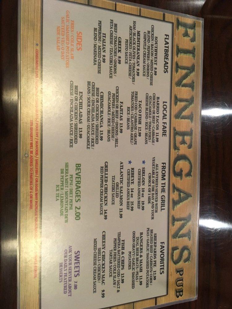 Menu at Finnegan's Pub, Tucson